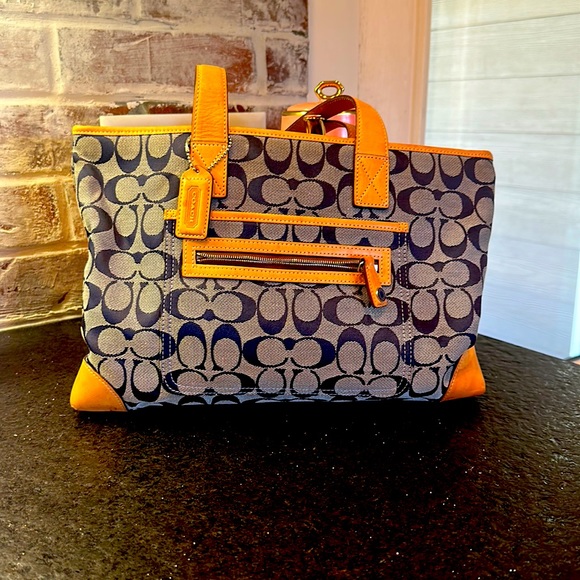 Coach | Bags | Coach Blue Signature Canvas Leather Tote Bag | Poshmark